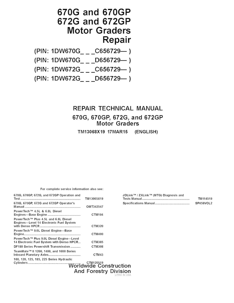 John Deere 670G, 670GP , 672G and 672GP PIN CD656729- grader pdf repair ...