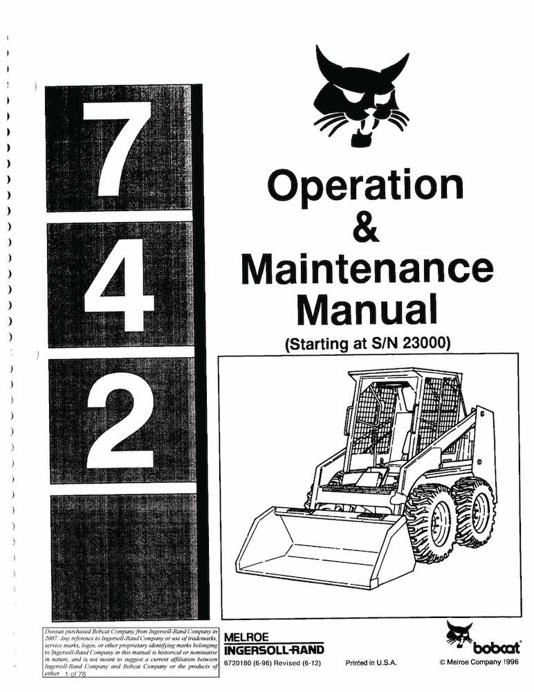 Bobcat 742 skid loader pdf operation & maintenance manual