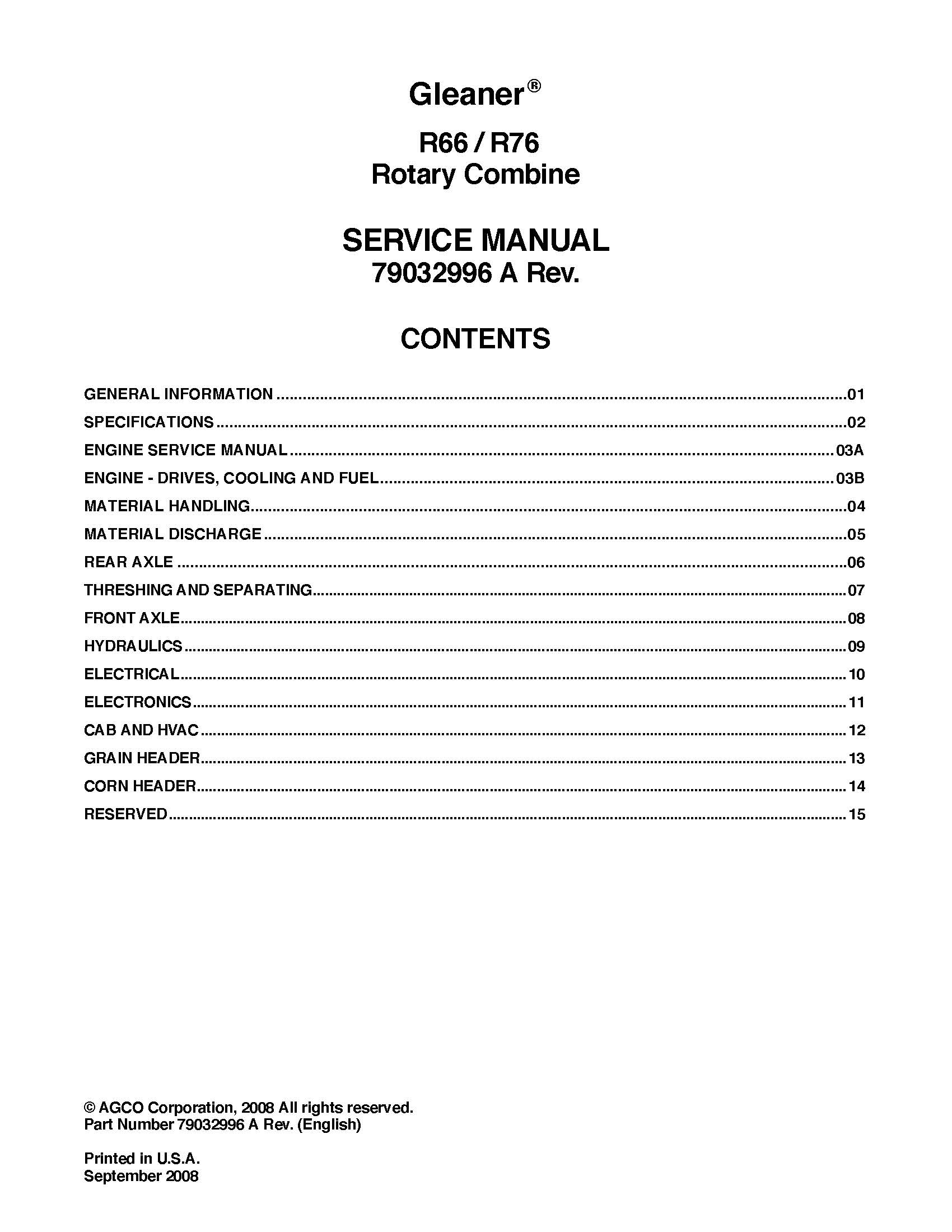 Gleaner R66 / R76 combine service manual