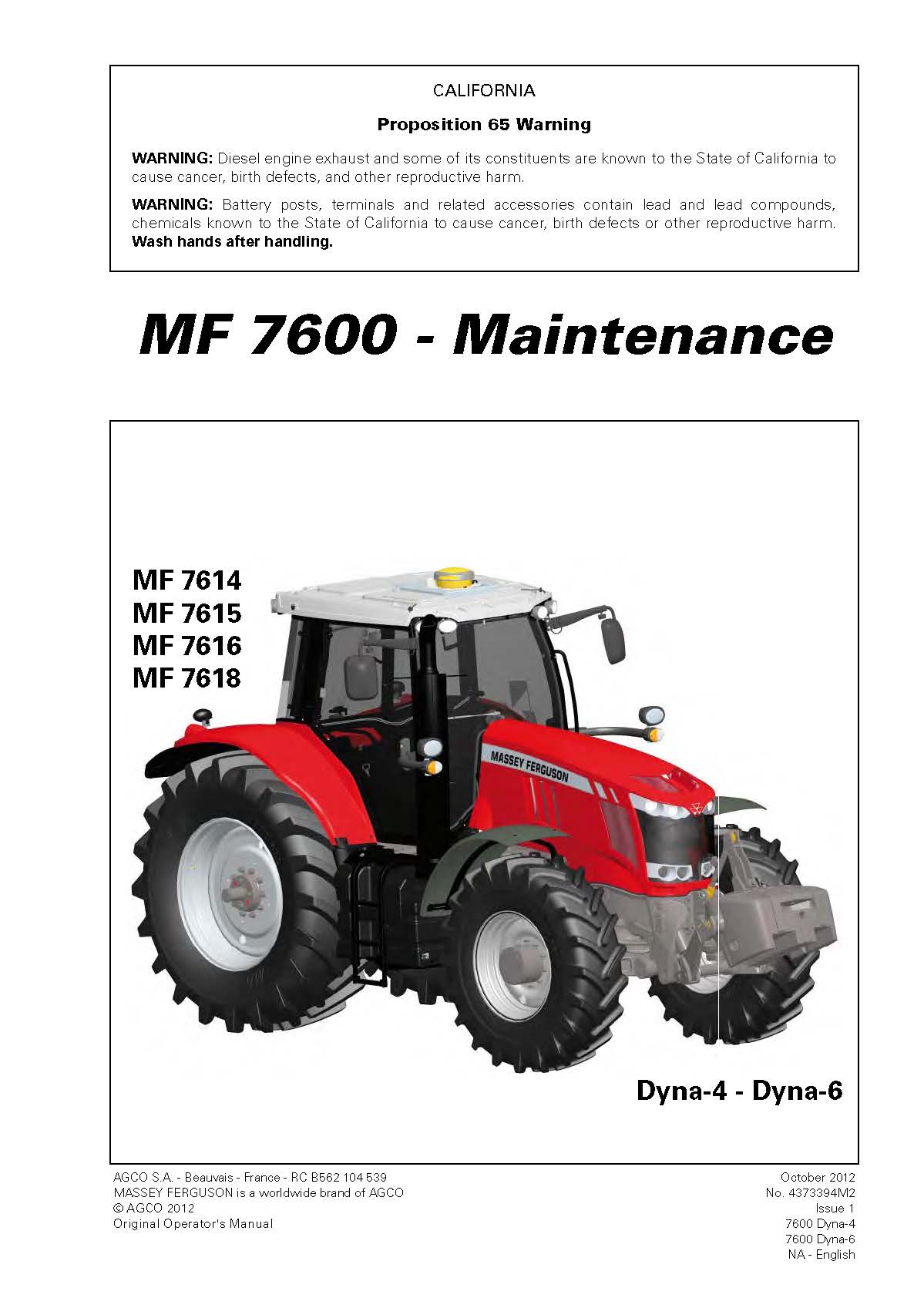 Manuel d'entretien du tracteur Massey Ferguson 7614/7615/7616/7618