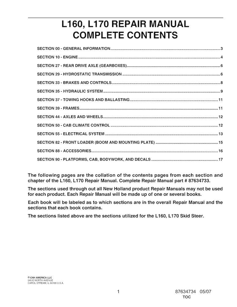 Manual de reparación en pdf del minicargador New Holland L160, L170