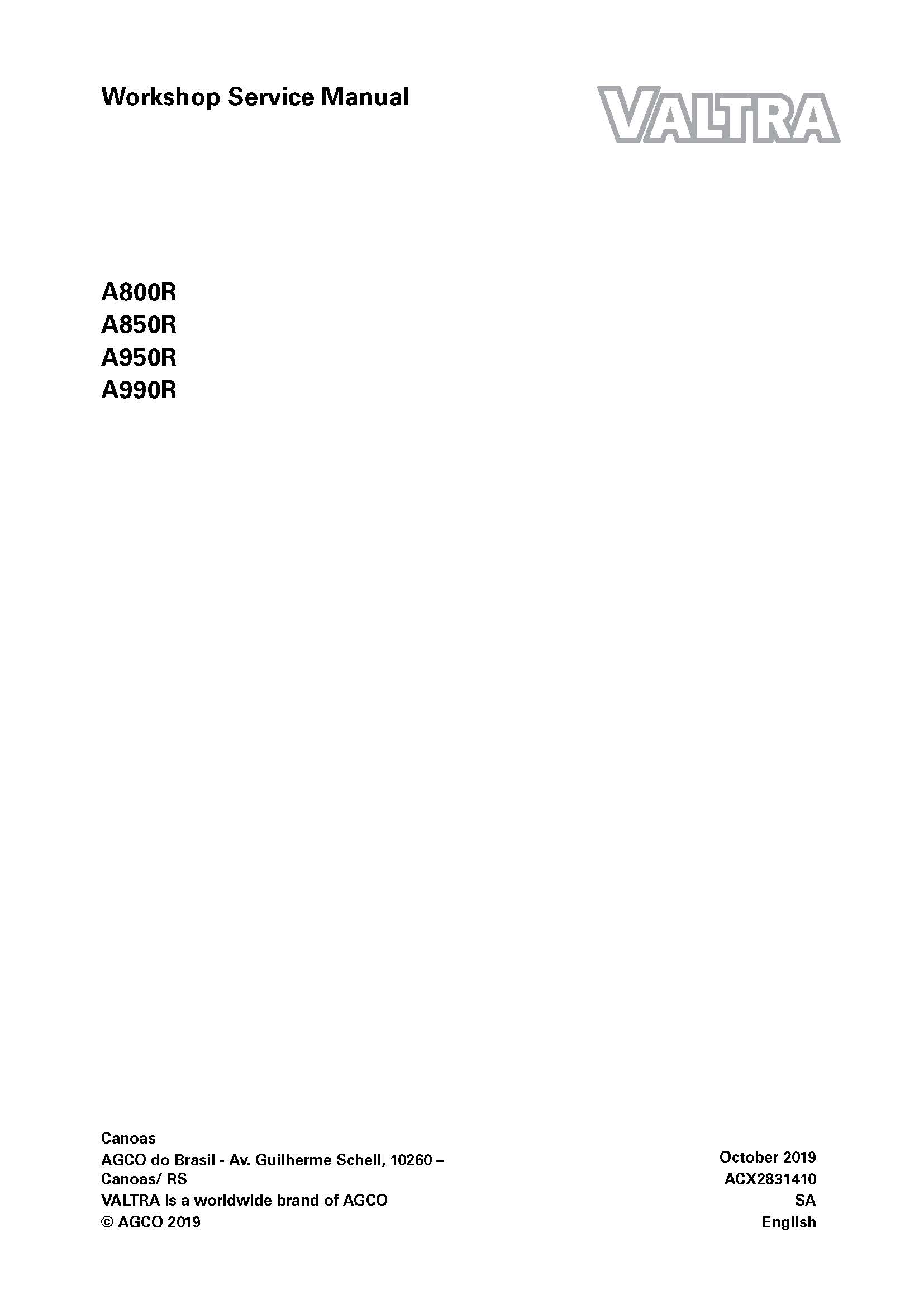 Manuel d'entretien de l'atelier PDF du tracteur Valtra A800R, A850R, A950R, A990R