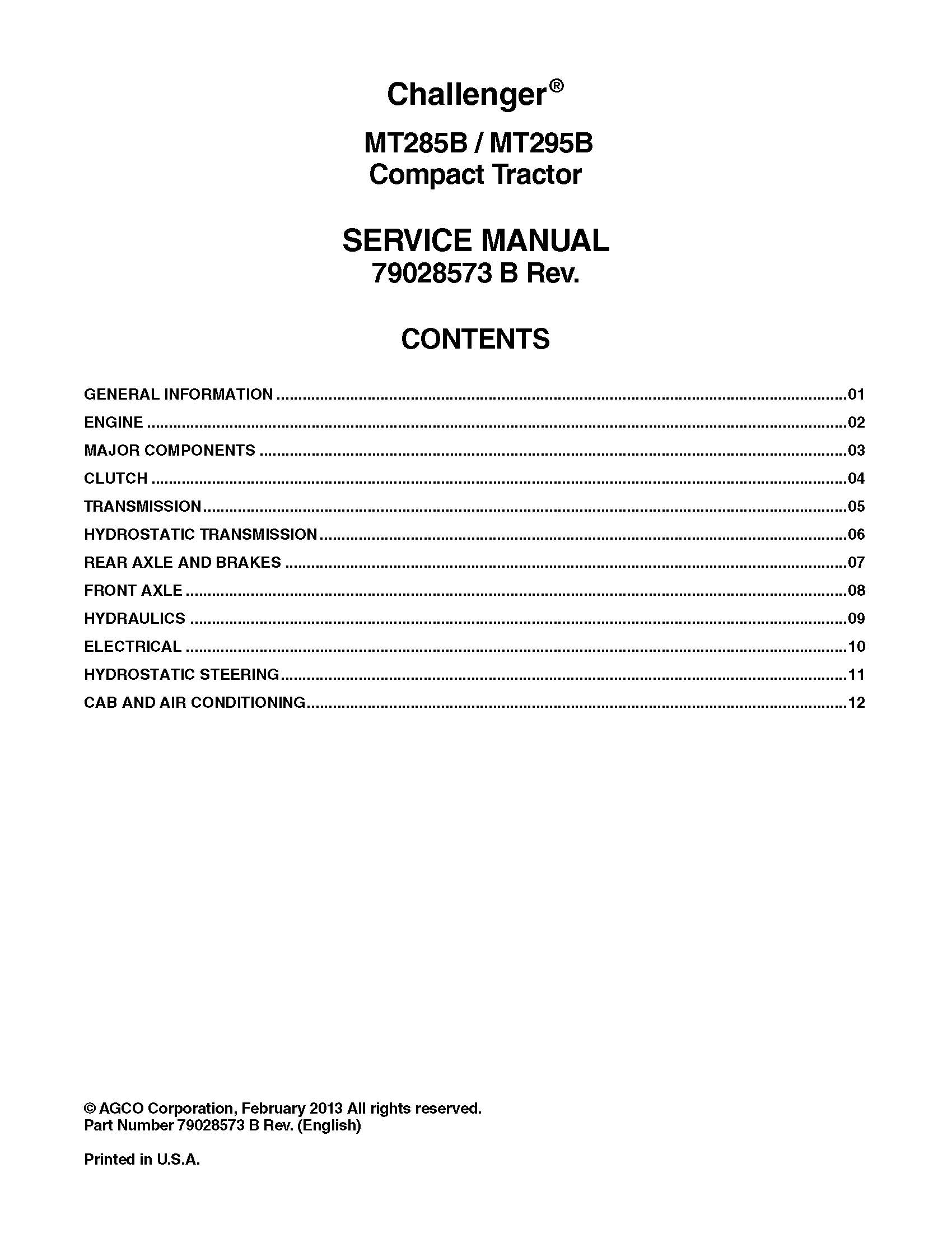 Challenger MT285B, MT295B tractor compacto pdf manual de servicio