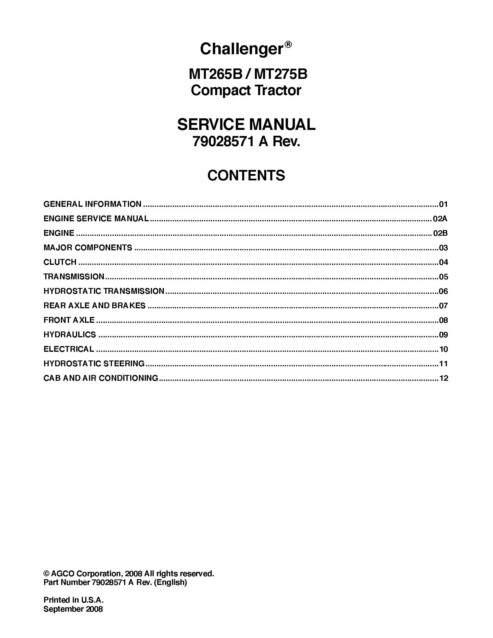 Challenger MT265B, MT275B compact tractor pdf service manual