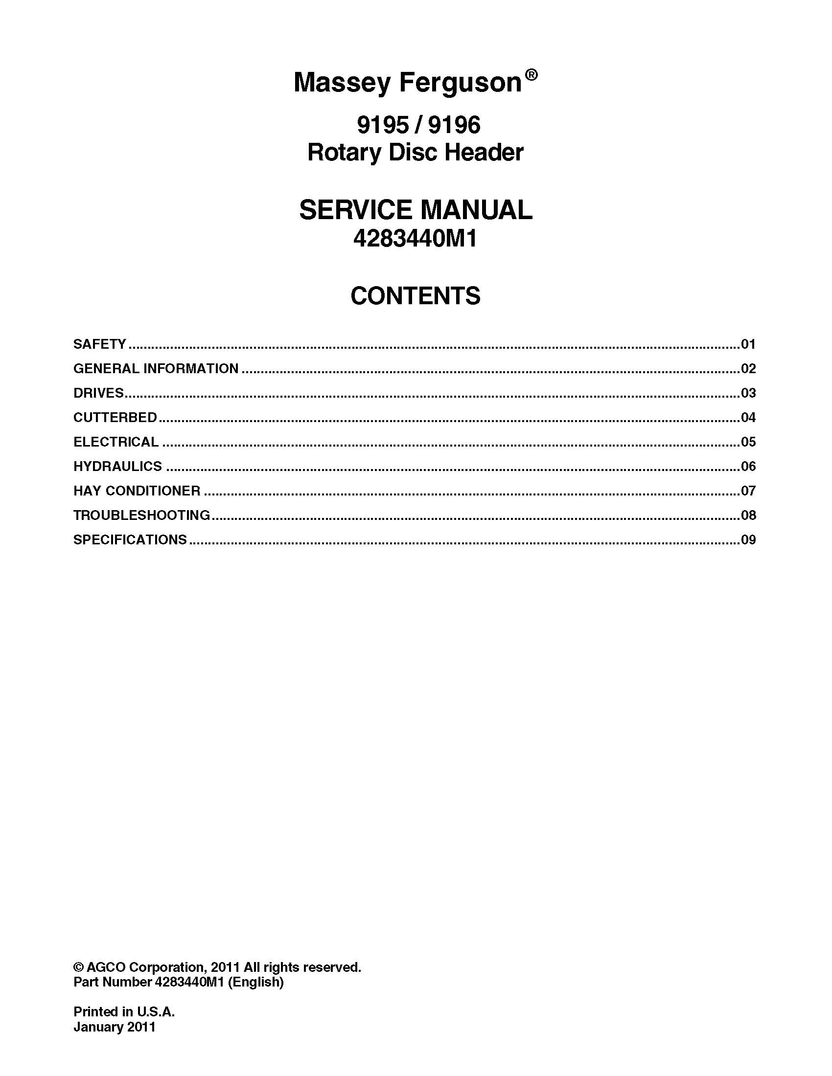 Massey Ferguson 9195, 9196 rotary disc header pdf service manual