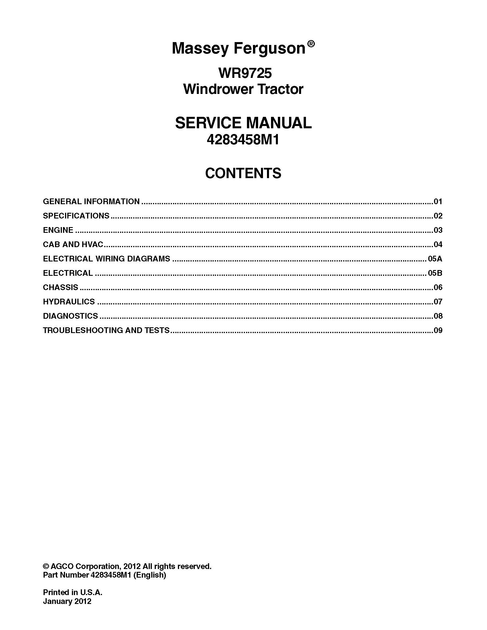 Massey Ferguson WR9725 self-propelled windrower pdf service manual
