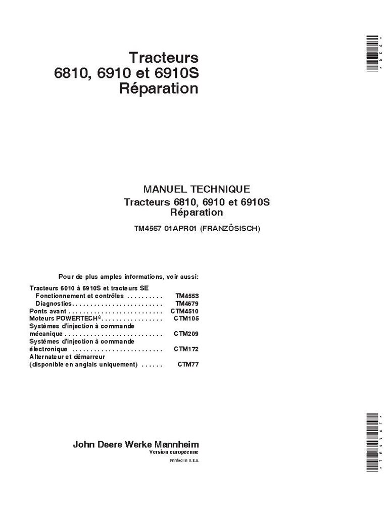 John Deere 6810, 6910, 6910S tractor repair technical manual FR (TM4567)