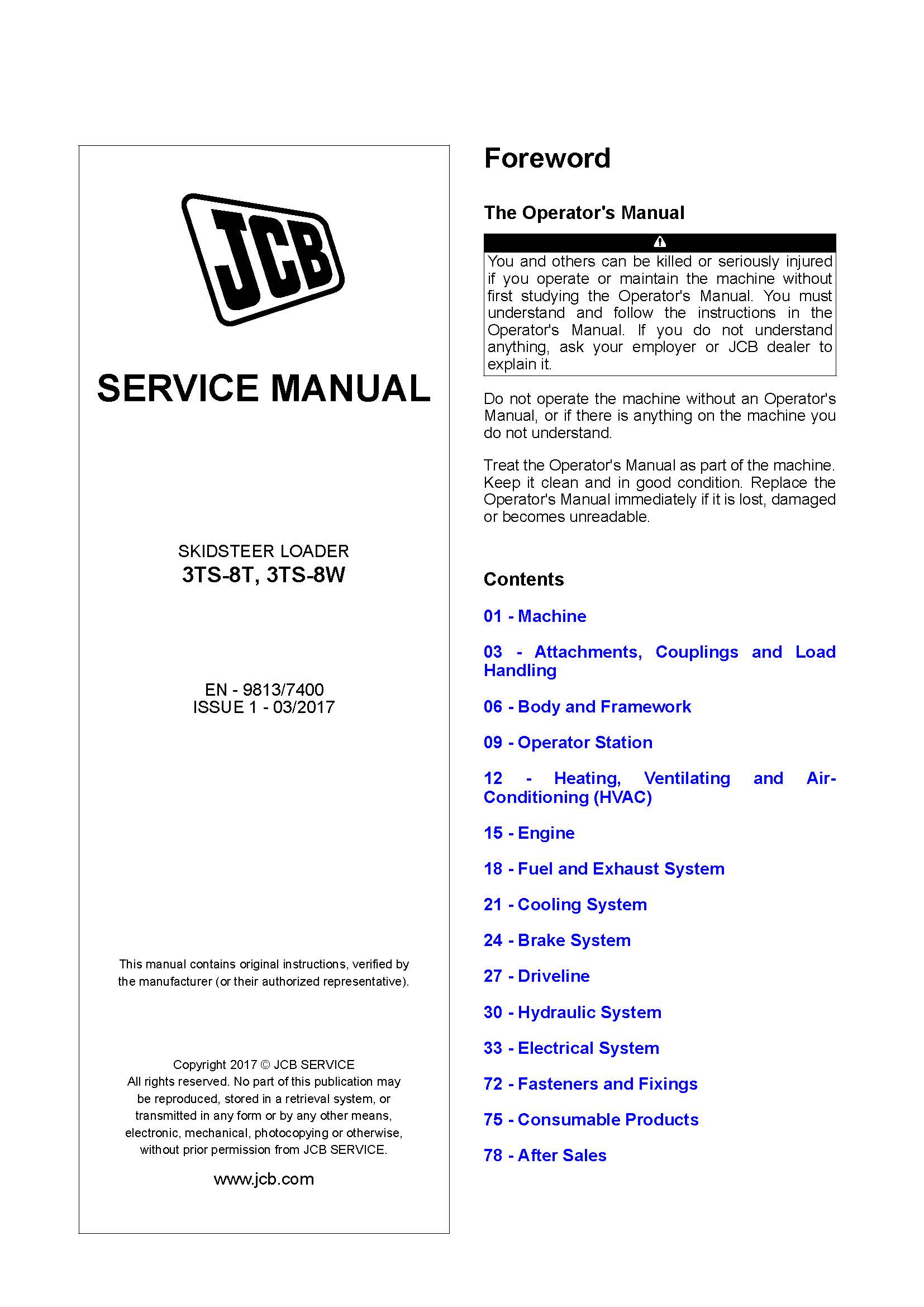 JCB 3TS-8T, 3TS-8W skid loader manual de servicio pdf