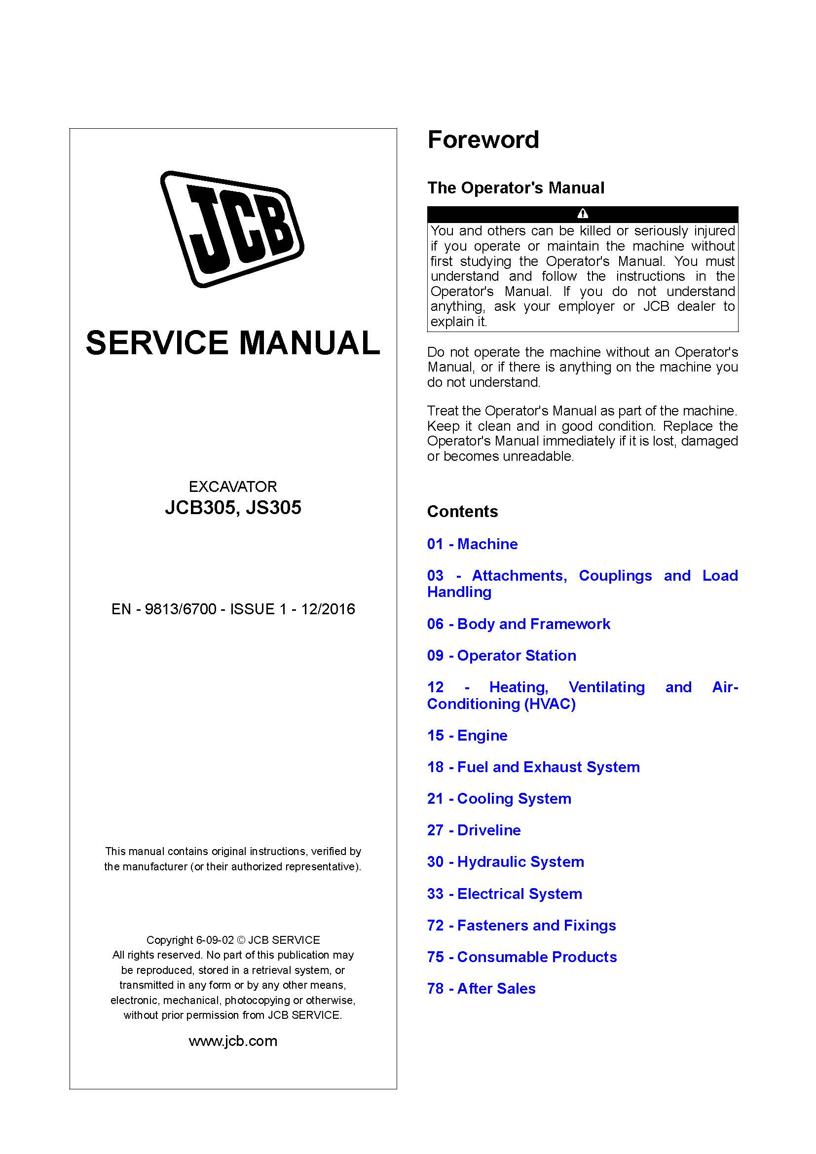 JCB JCB305, JS305 excavator pdf service manual