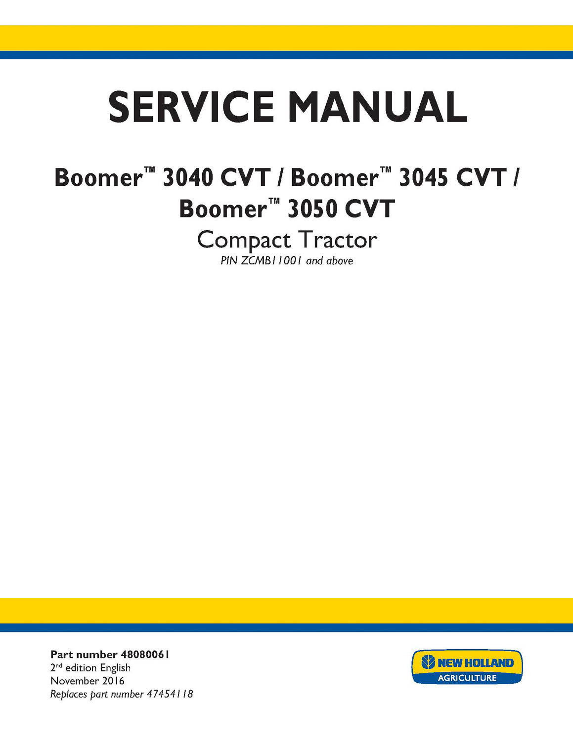 New Holland Boomer 3040, 3045, 3050 CVT compact tractor pdf service manual