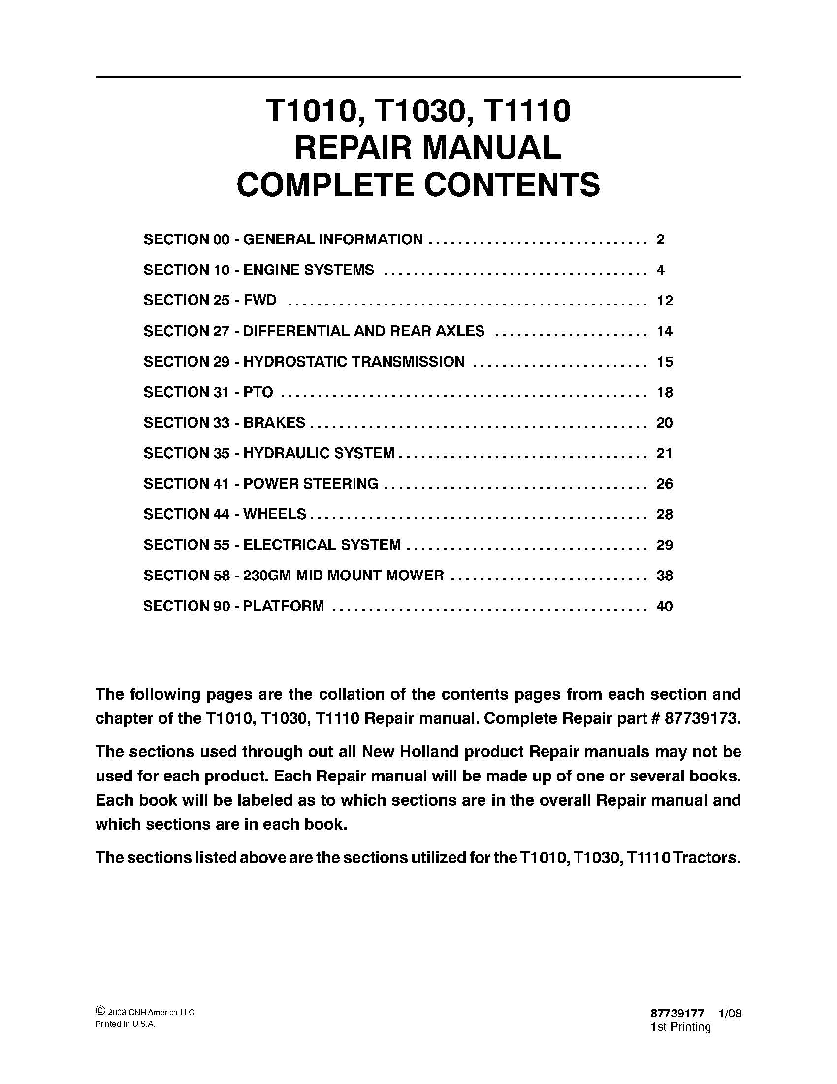 New Holland T1010, T1030, T1110 tractor pdf manual de reparación