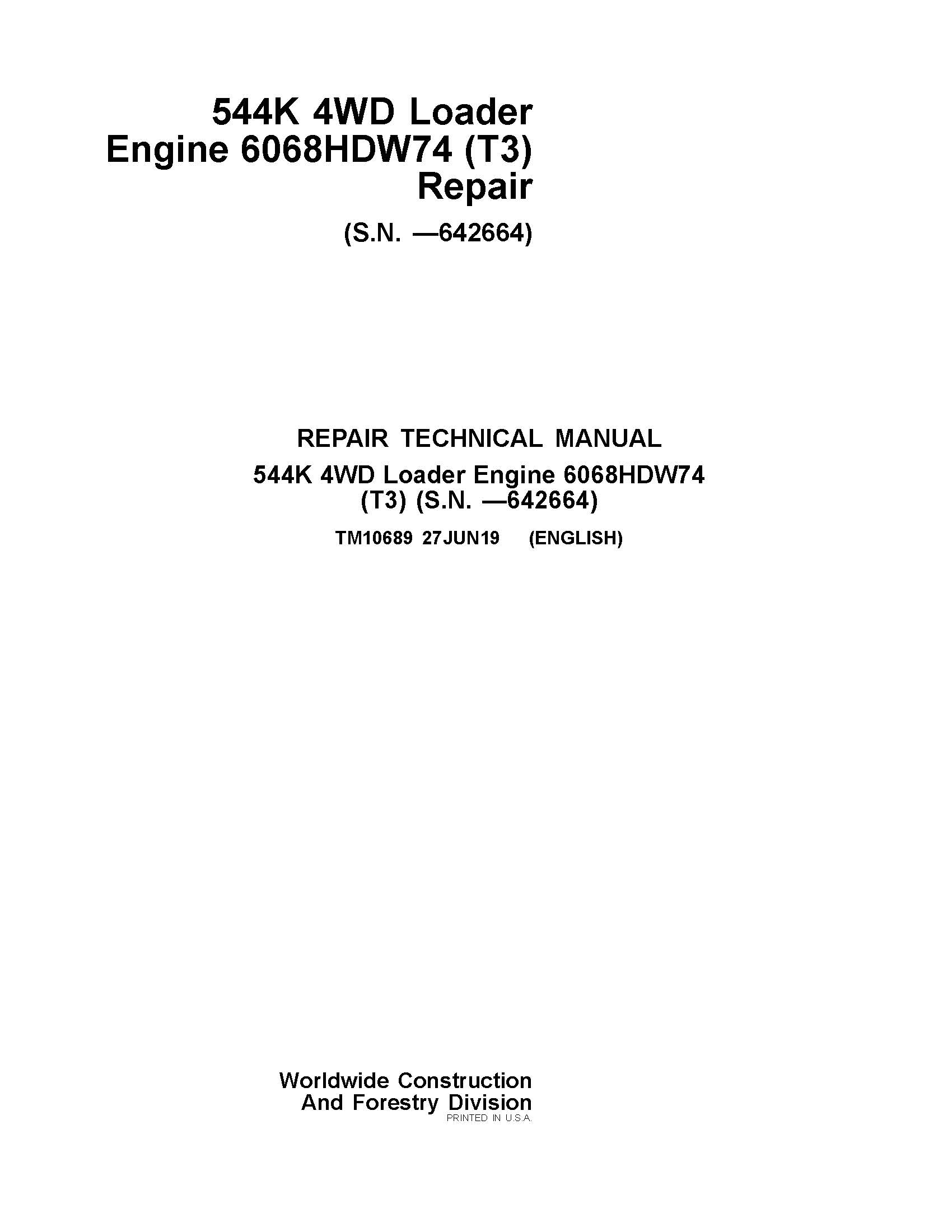 John Deere 544K wheel loader pdf repair technical manual