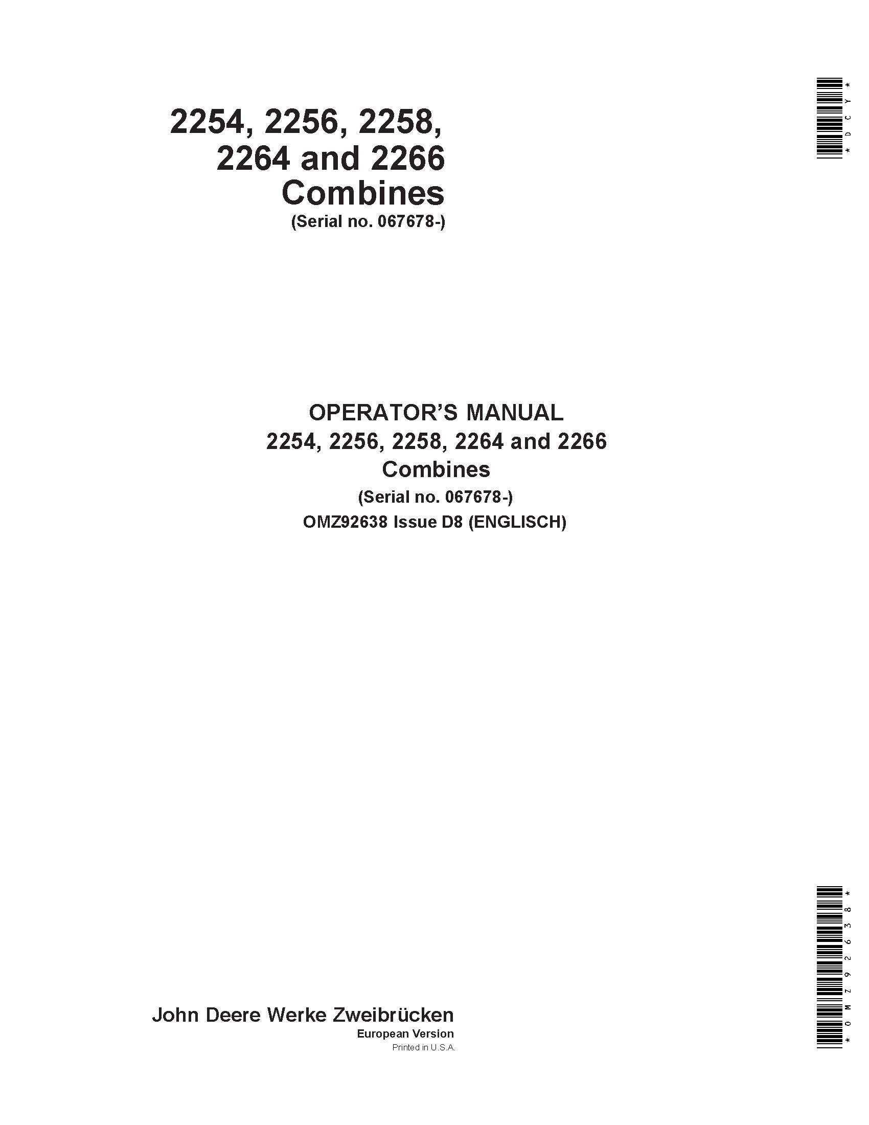 John Deere 2254, 2256, 2258, 2264, 2266 combine pdf operator's manual