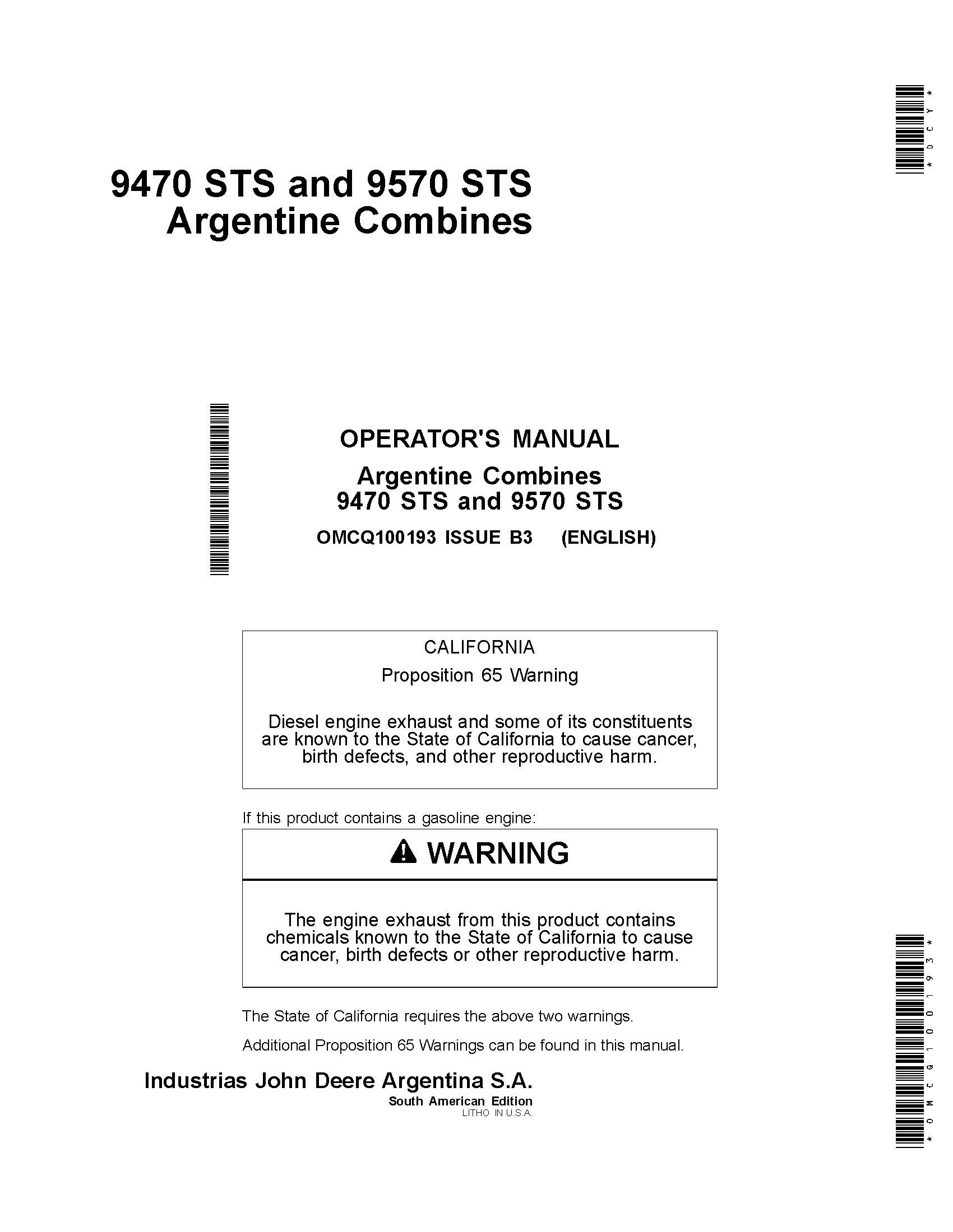John Deere 9470 STS, 9570 STS cosechadora pdf manual del operador