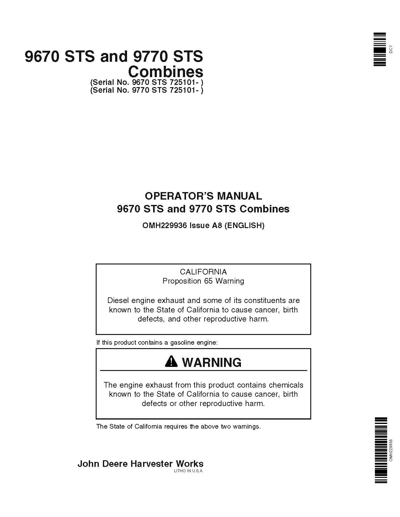 John Deere 9670 STS, 9770 STS combine pdf operator's manual