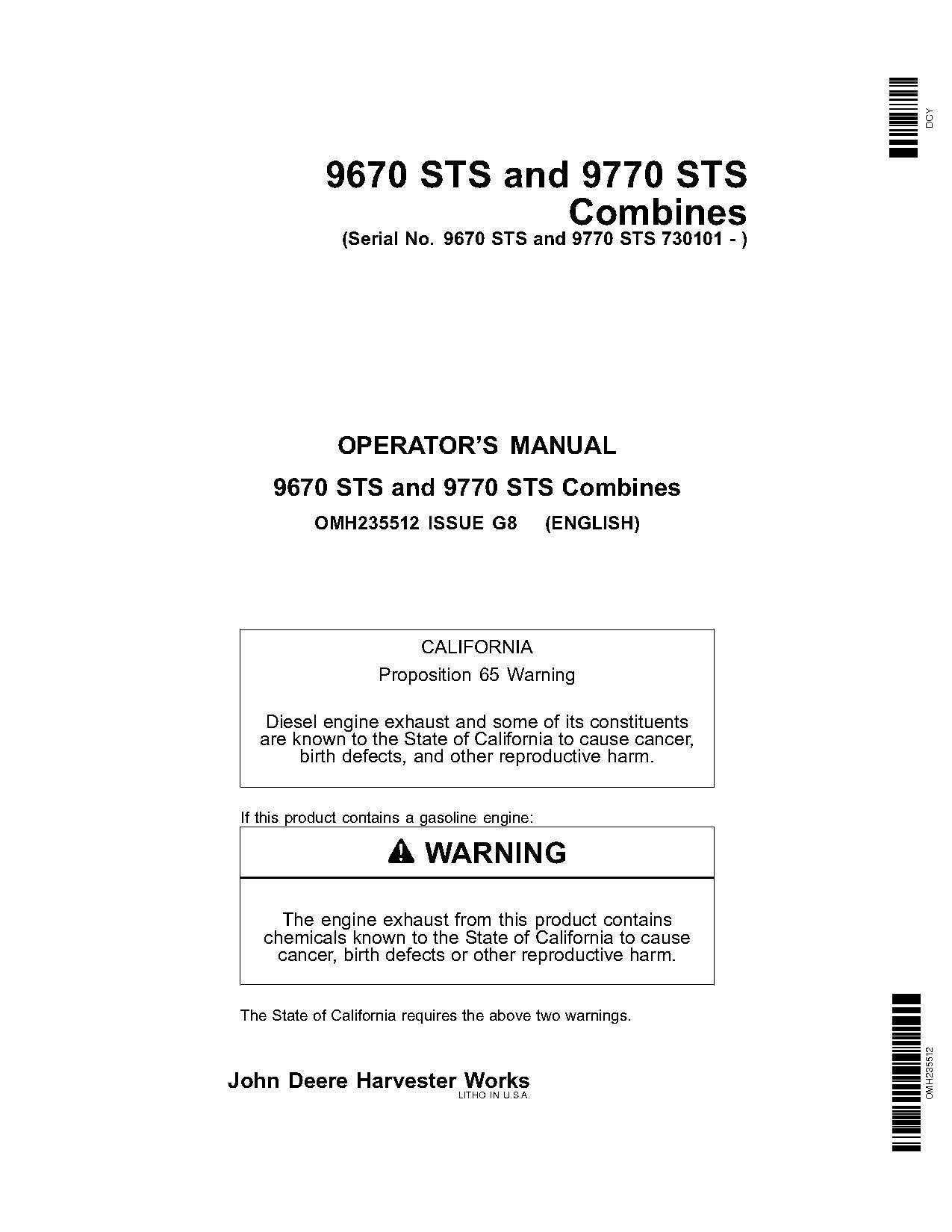 John Deere 9670 STS, 9770 STS combine pdf operator's manual