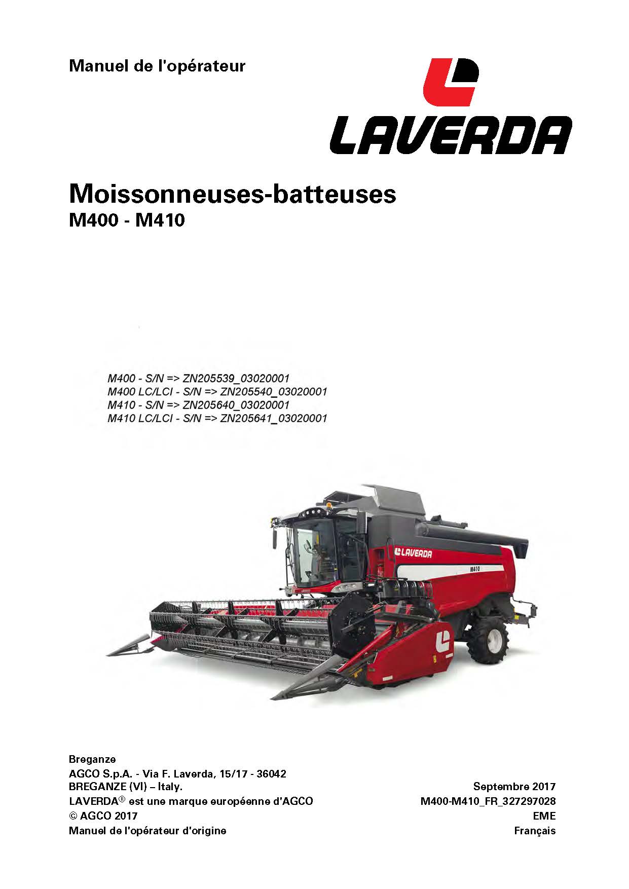 Laverda M400, M410 moissonneuse-batteuse pdf manuel d'utilisation FR