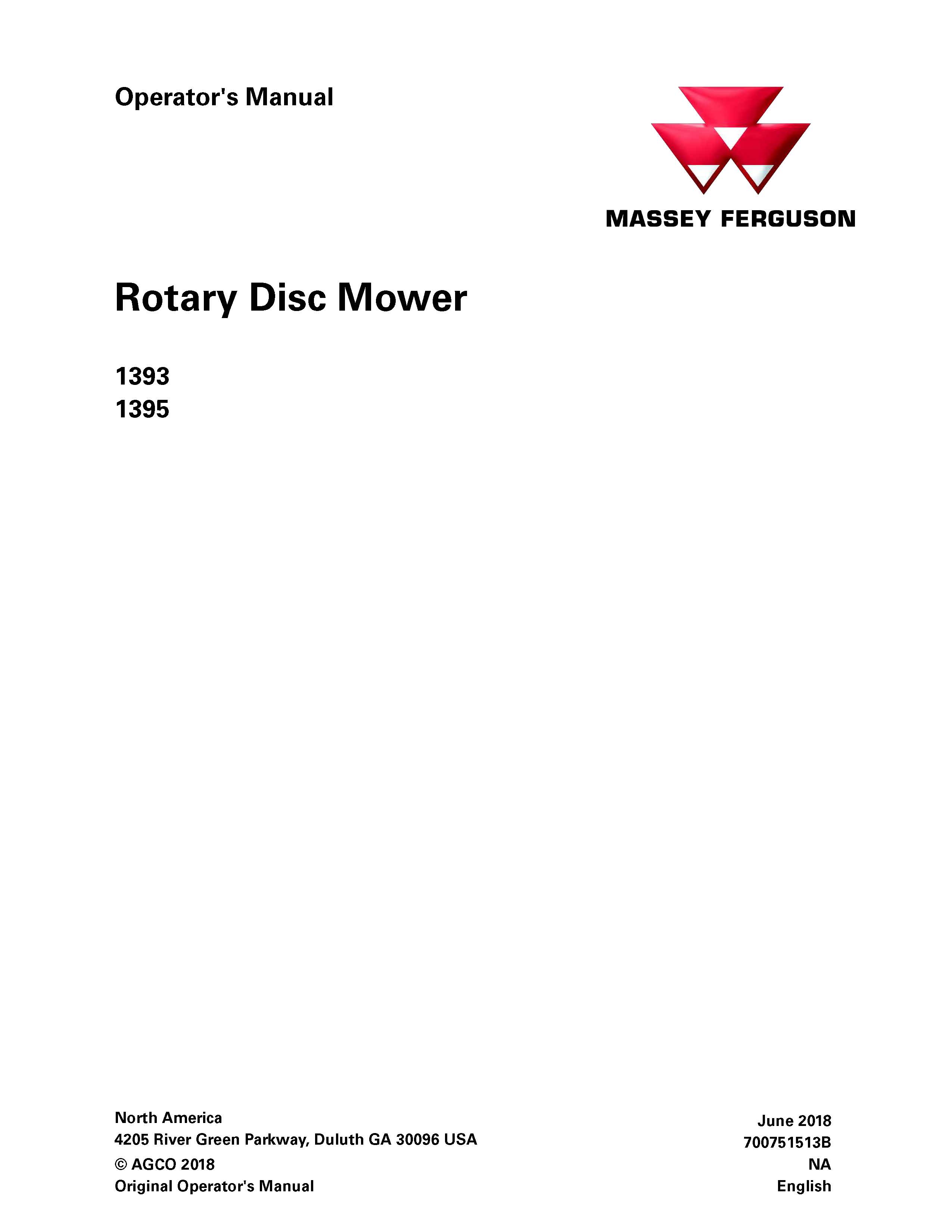 Massey Ferguson 1393, 1395 rotary disc mower pdf operator's manual