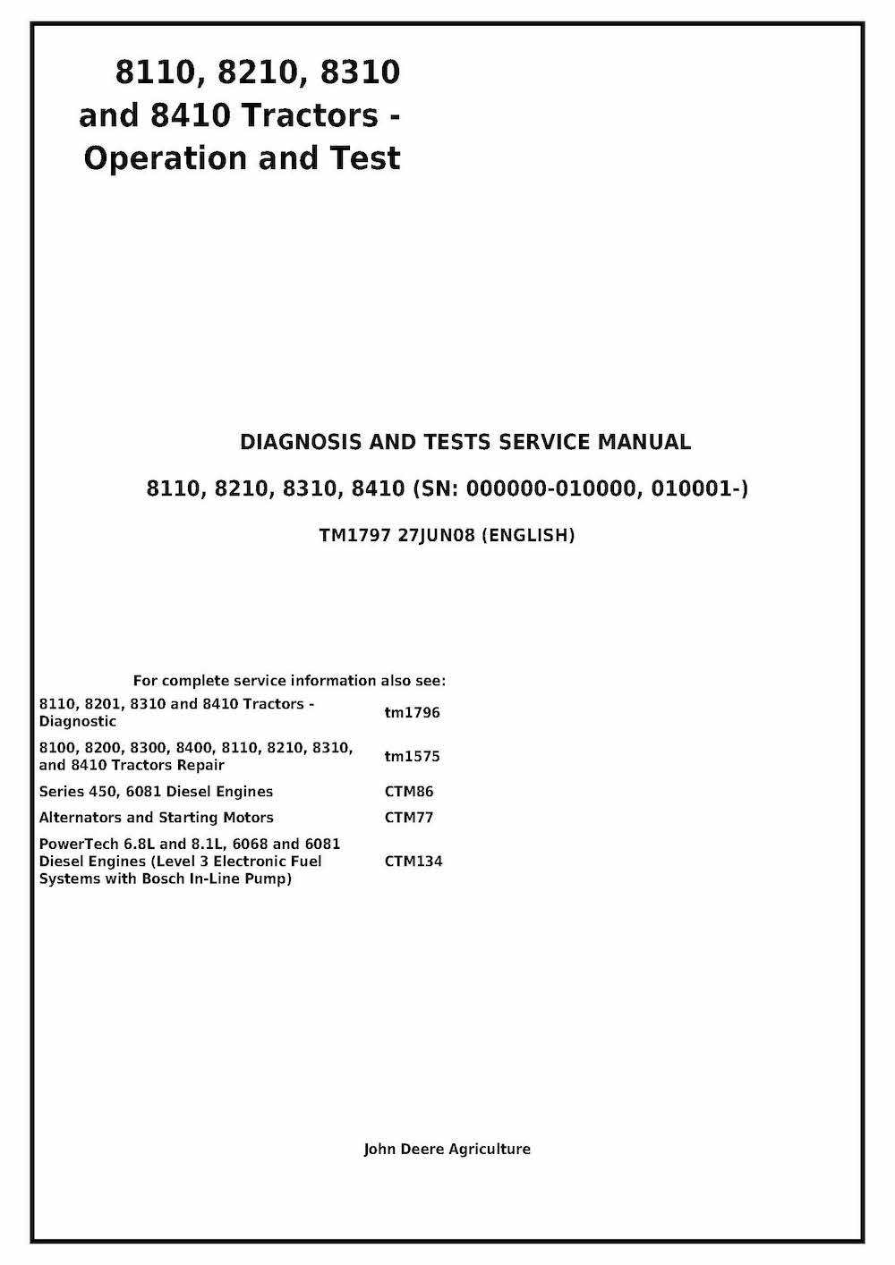 John Deere 8110, 8210, 8310, 8410 tractor pdf diagnosis and tests manual