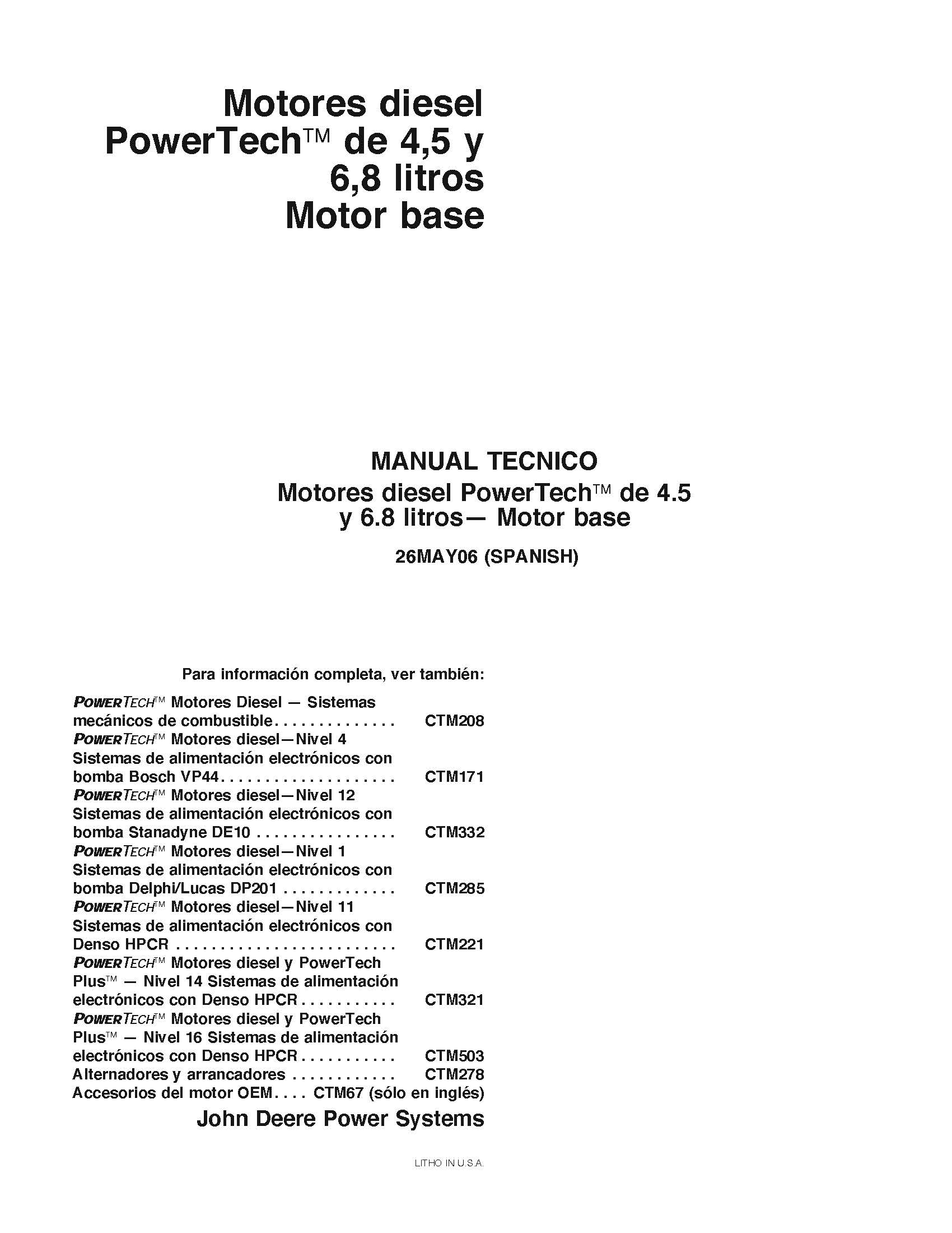 MOTORES DIESEL John Deere 4.5L Y 6.8L PowerTech (BASE) motor pdf manual técnico ES (CTM107)
