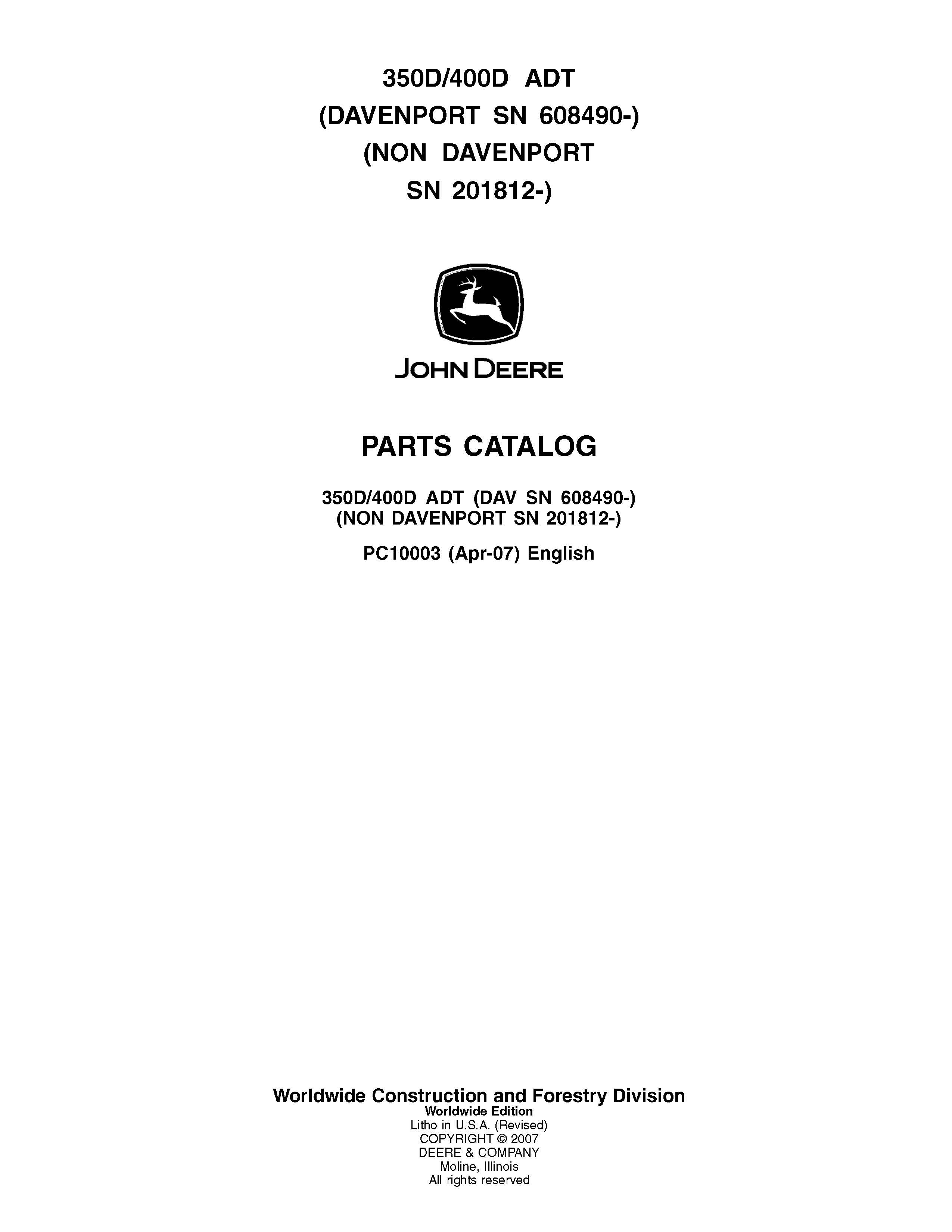 John Deere 350D, 400D camión articulado pdf catálogo de piezas