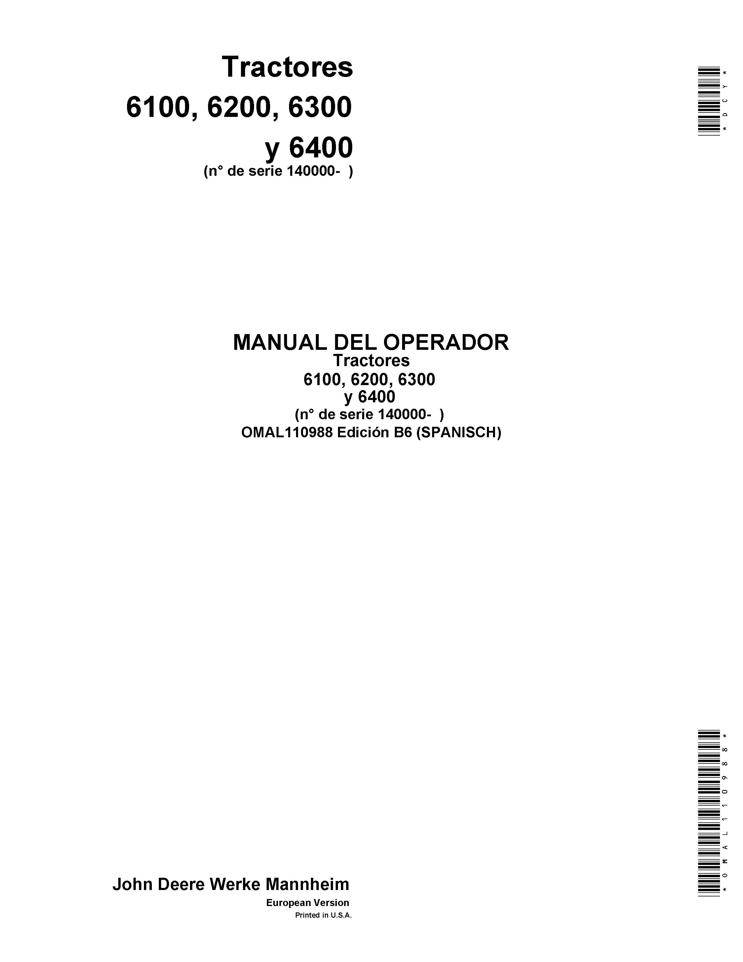 John Deere 6100, 6200, 6300, 6400 tractor pdf operator's manual ES