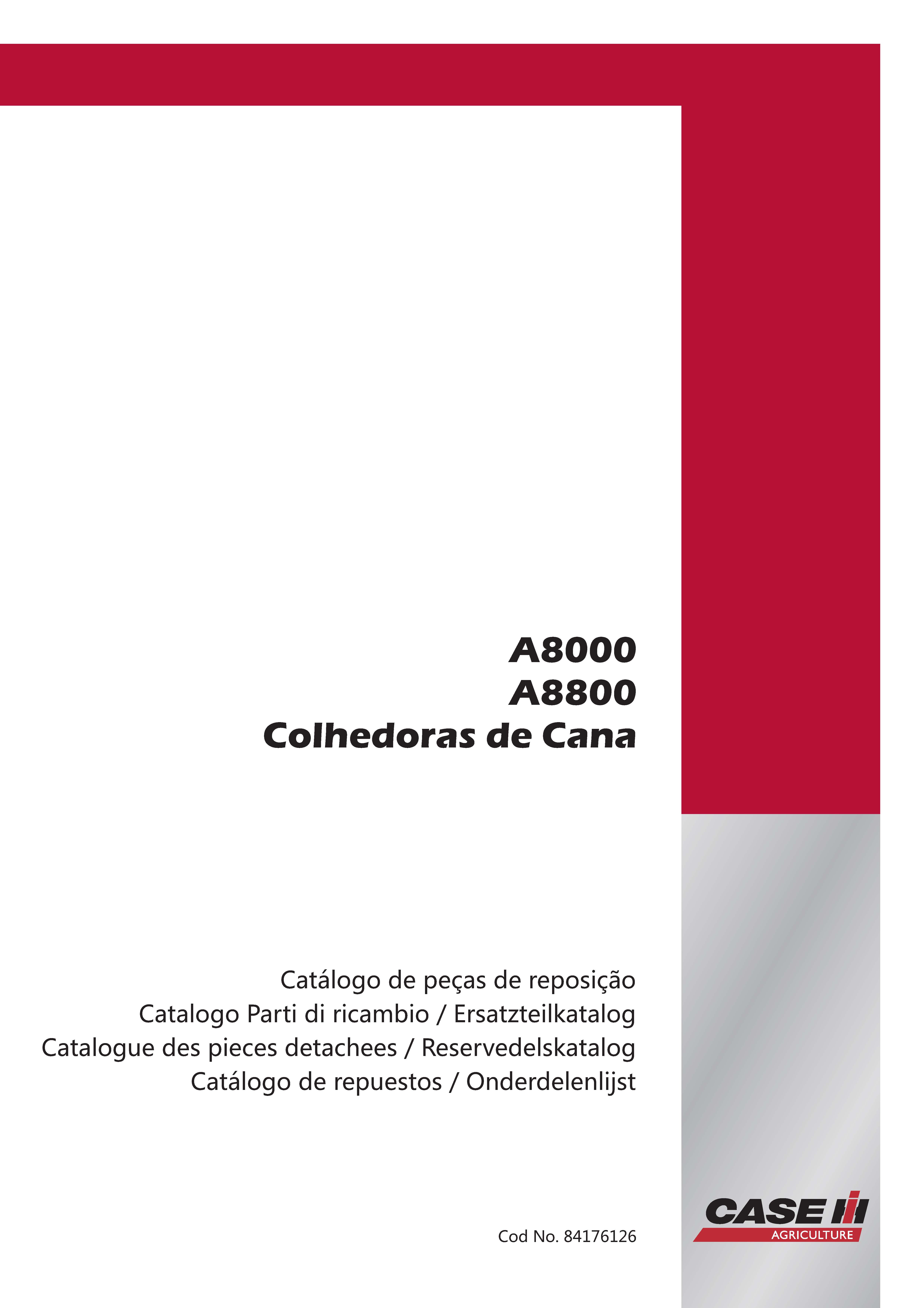 Colheitadeira de cana Case IH A8000, A8800 pdf catálogo de peças PT