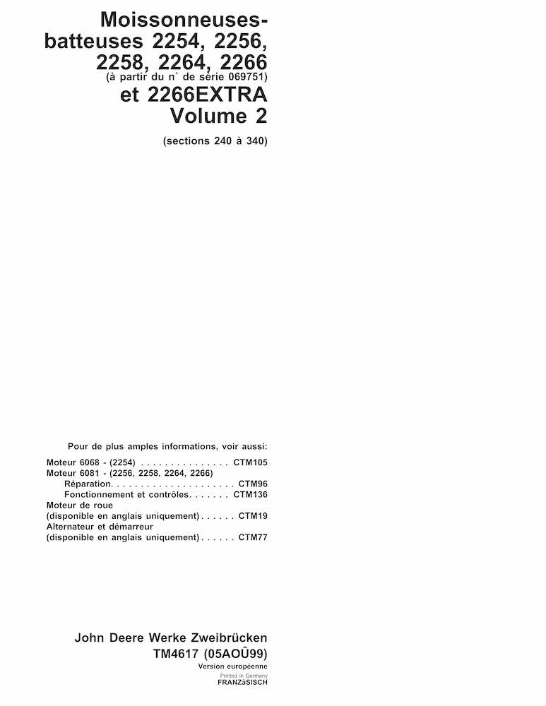 John Deere 2254, 2256, 2258, 2264, 2266 combinar pdf manual técnico FR