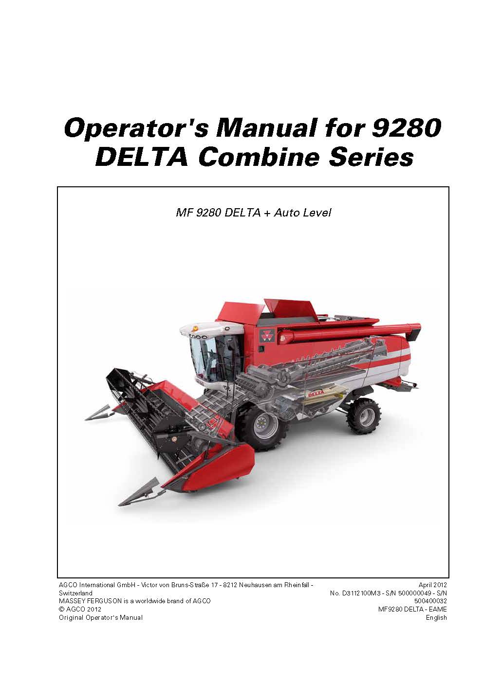 Manual do operador da colheitadeira Massey Ferguson MF 9280 DELTA