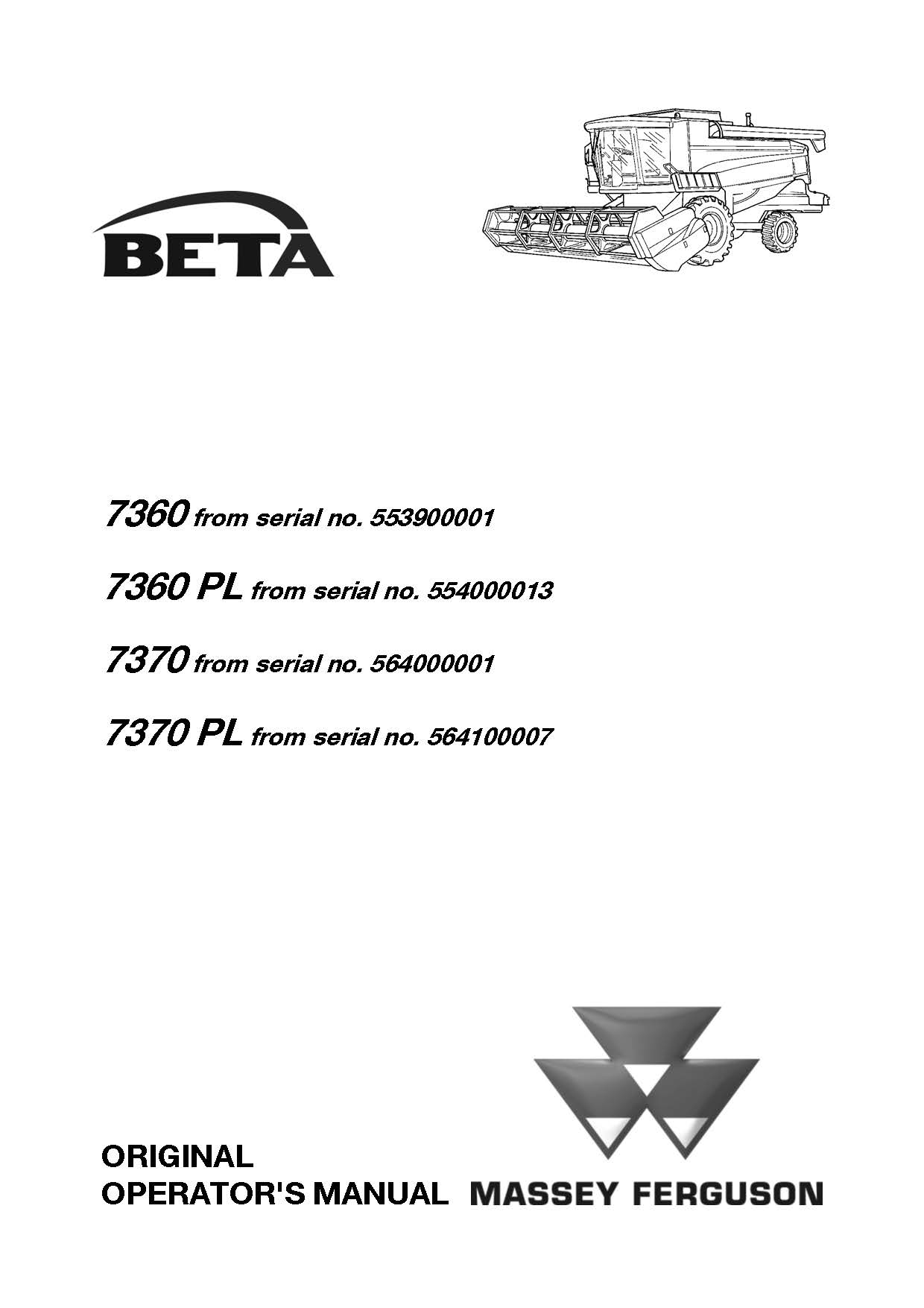 Massey Ferguson MF 7360, 7370 BETA combine harvester operator's manual
