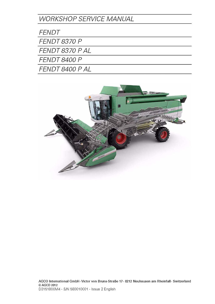 Fendt 8370, 8400 combine harvester service manual
