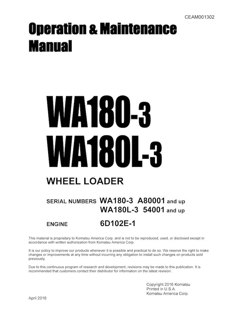 Komatsu WA180-3, WA180L-3 wheel loader pdf operation and maintenance manual
