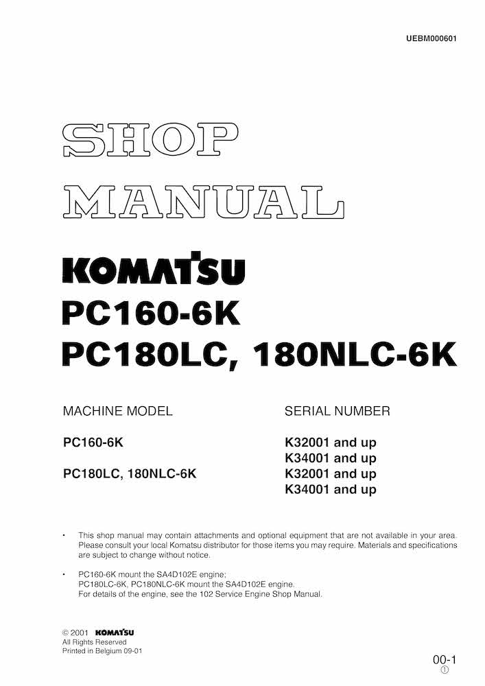 Komatsu PC160-6K, PC150LC-6K, PC180NLC-6K manual de taller en pdf de la excavadora