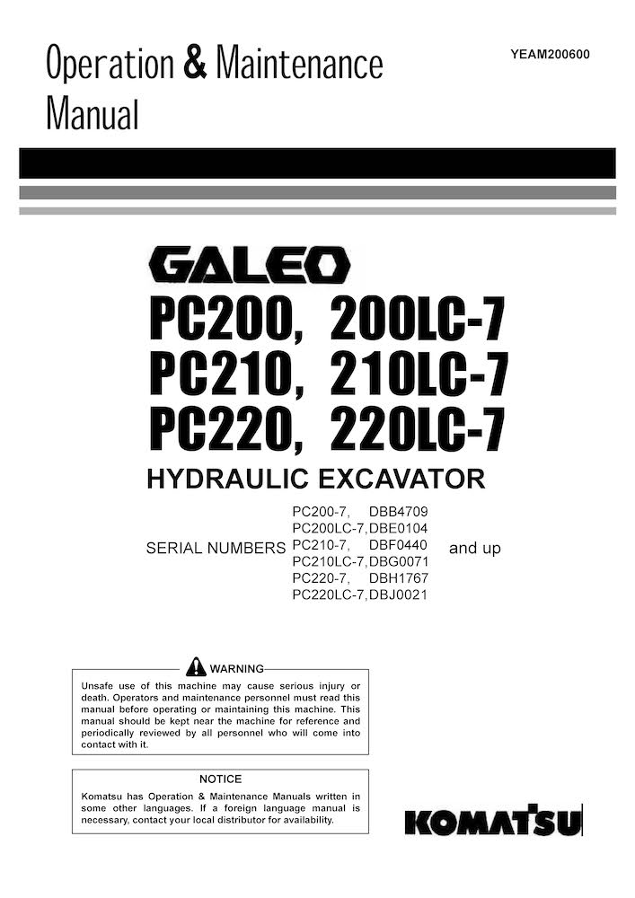 Manuel d'utilisation et d'entretien pdf des pelles Komatsu PC200, 200LC ...