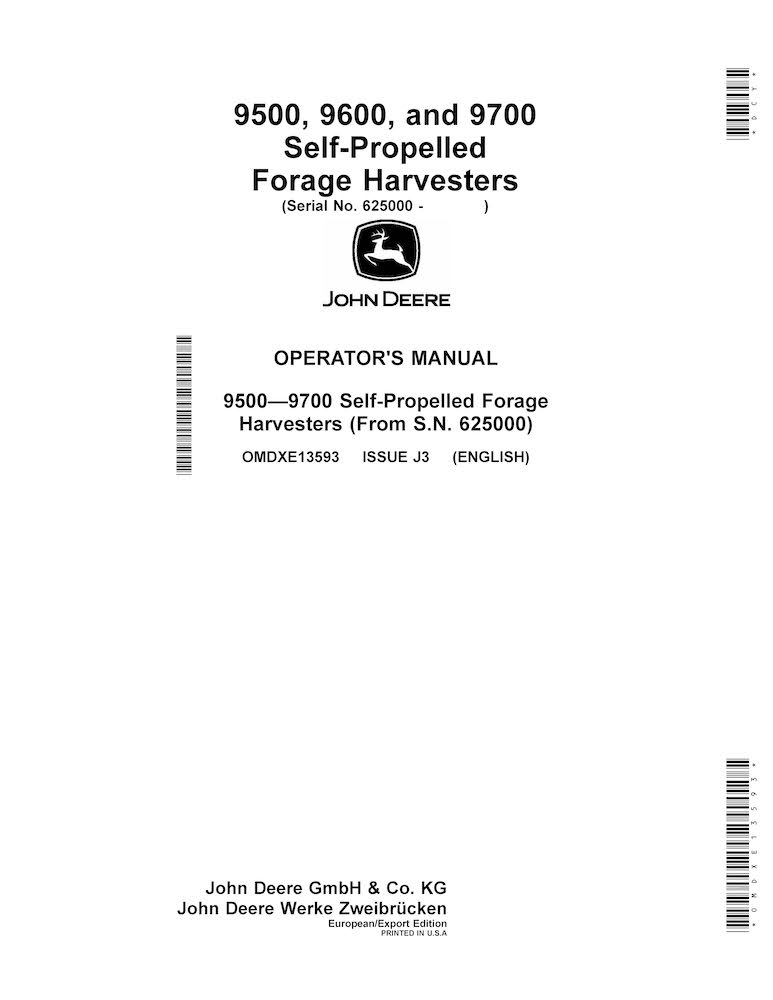 Manual do operador em pdf da colhedora de forragem John Deere 9500, 9600, 9700 (J3)