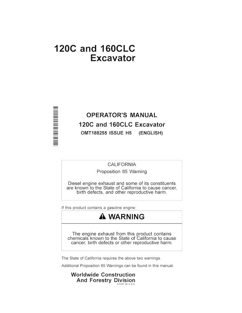 Manuel de l'opérateur pdf pour pelle John Deere 120C, 160CLC
