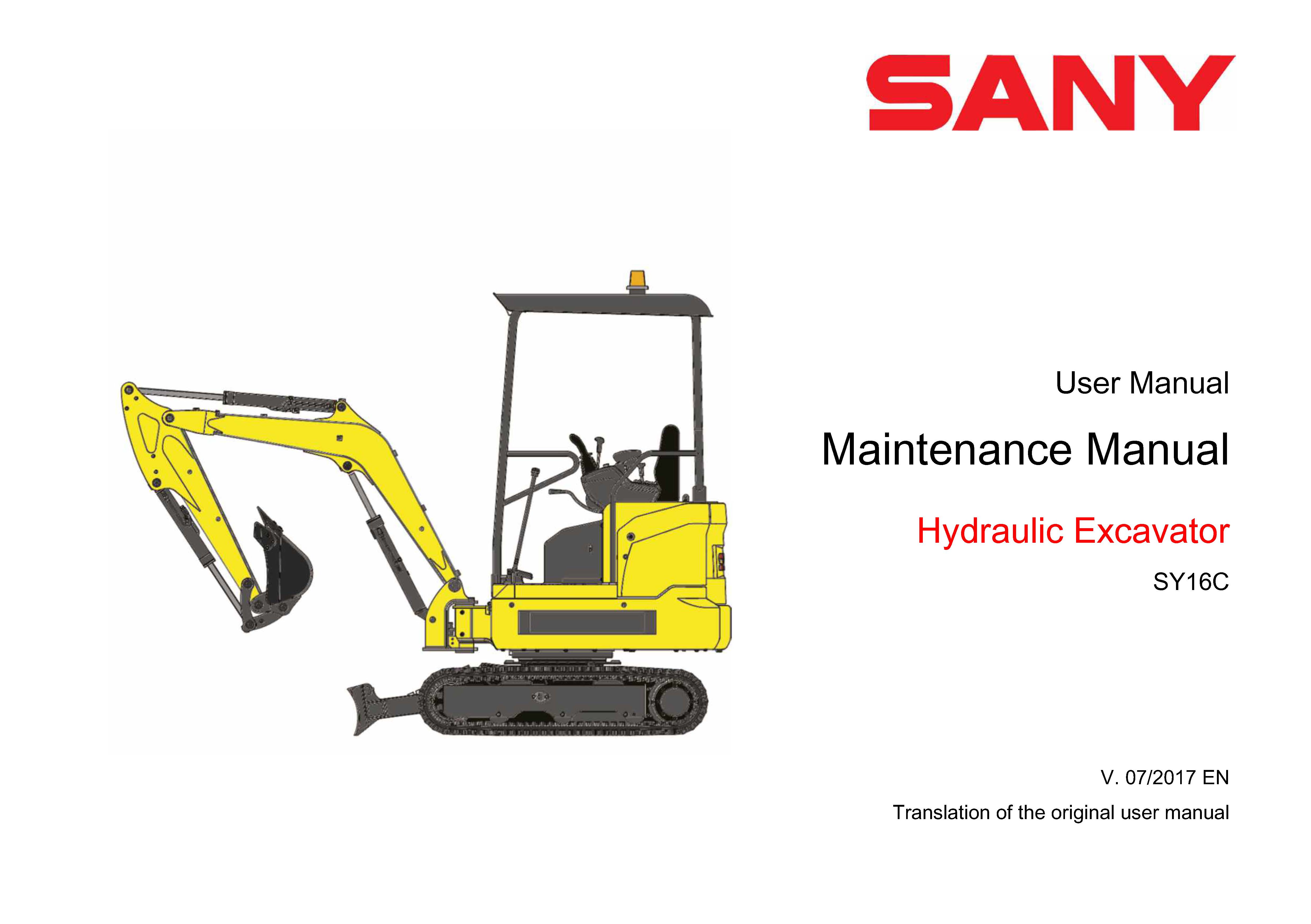 Sany SY16C mini excavator pdf maintenance manual