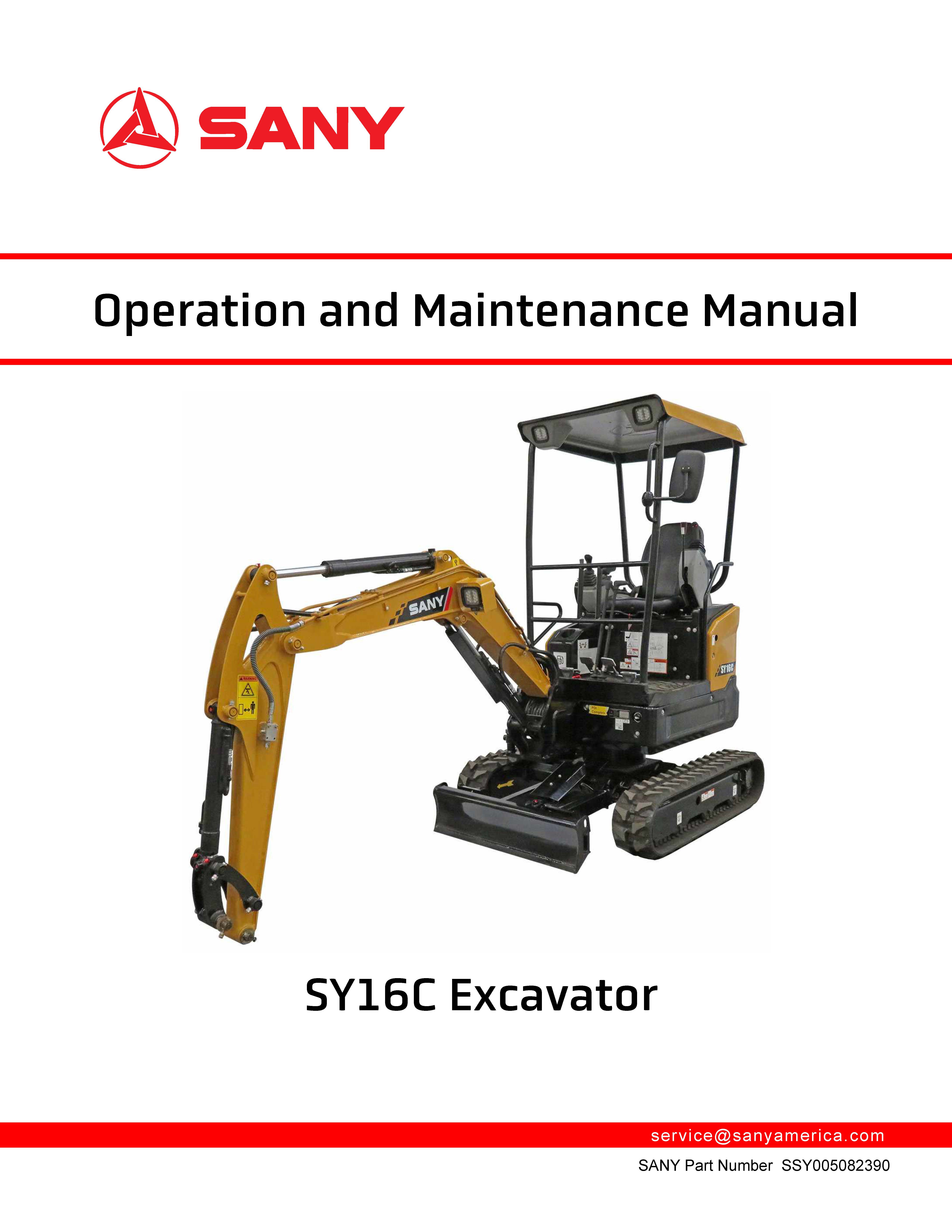 Sany SY16C mini excavator pdf operation and maintenance manual