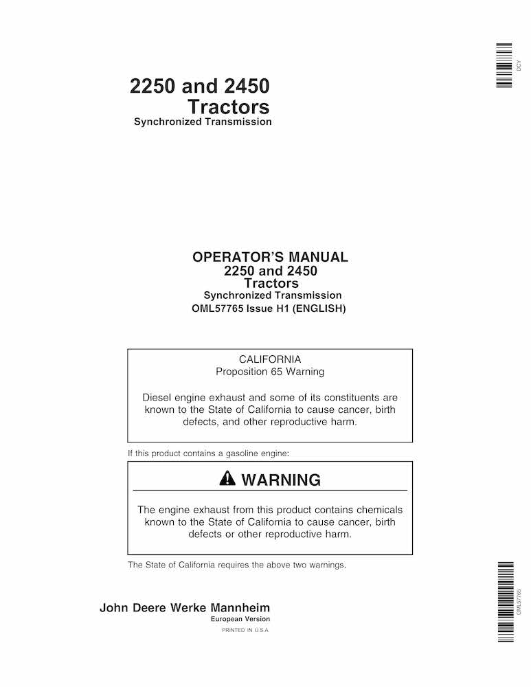 John Deere 2250, 2450 Synchronized Transmission tractor pdf operator's manual