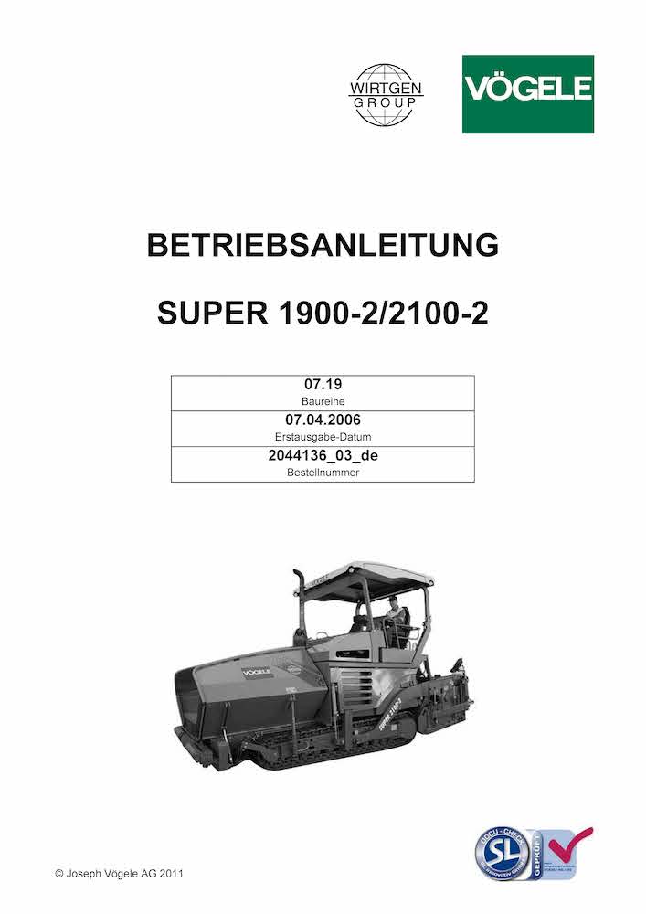Vögele SUPER 1900-2, 2100-2 tracked paver pdf operation and maintenance ...