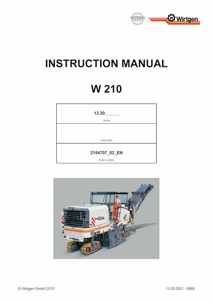 Wirtgen W210 (13.20) milling machine pdf operation and maintenance manual