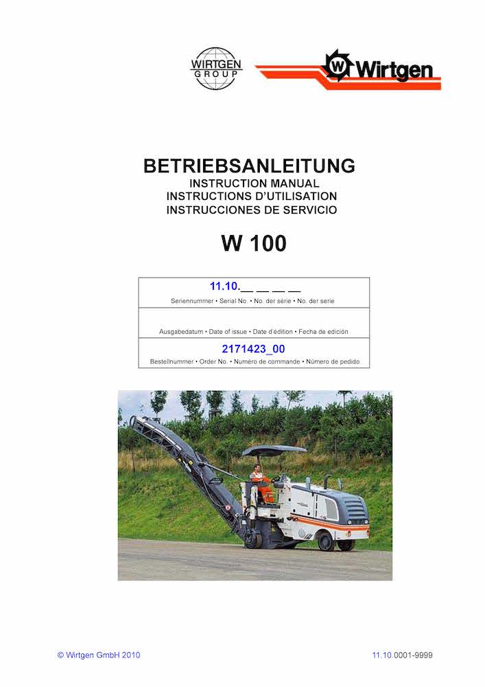 Wirtgen W100 (11.10) milling machine pdf operation and maintenance manual
