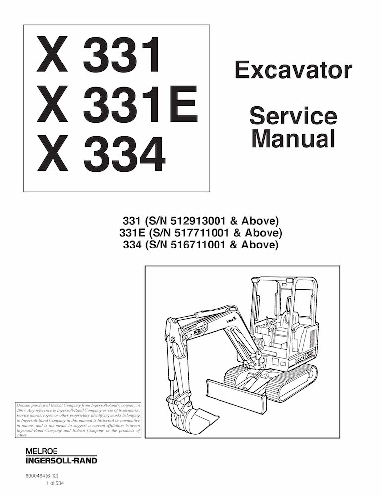 Bobcat X331, X331E, X334 compact excavator pdf service manual