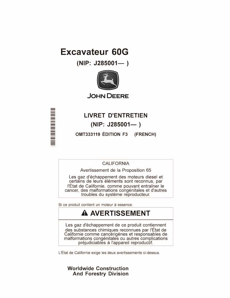 Manuel d'utilisation de la pelle compacte John Deere 60G au format PDF FR